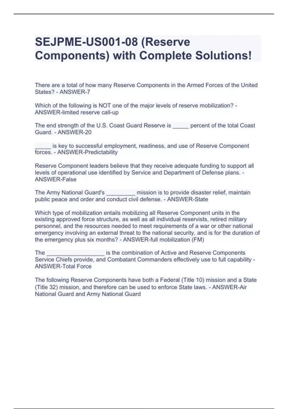 SEJPME-US001-08 (Reserve Components) with Complete Solutions! - SEJPME ...