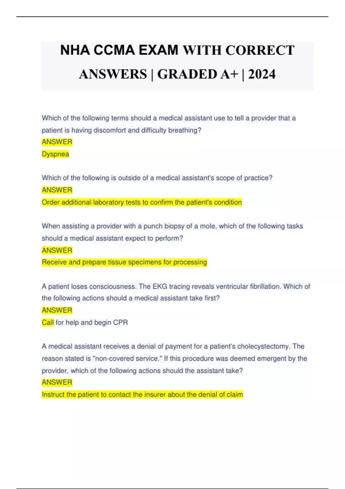NHA CCMA EXAM WITH CORRECT ANSWERS | GRADED A+ | 2024 - NHA - Stuvia NL