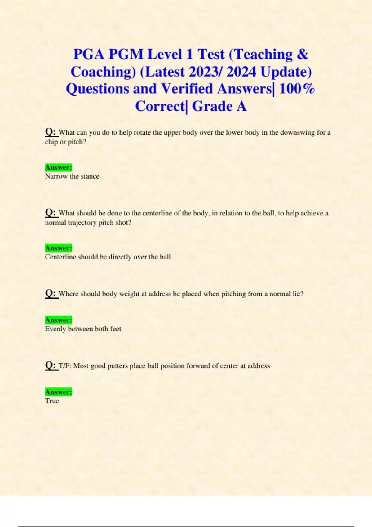 PGA PGM Level 1 Test (Teaching & Coaching) (Latest 2023/ 2024 Update ...