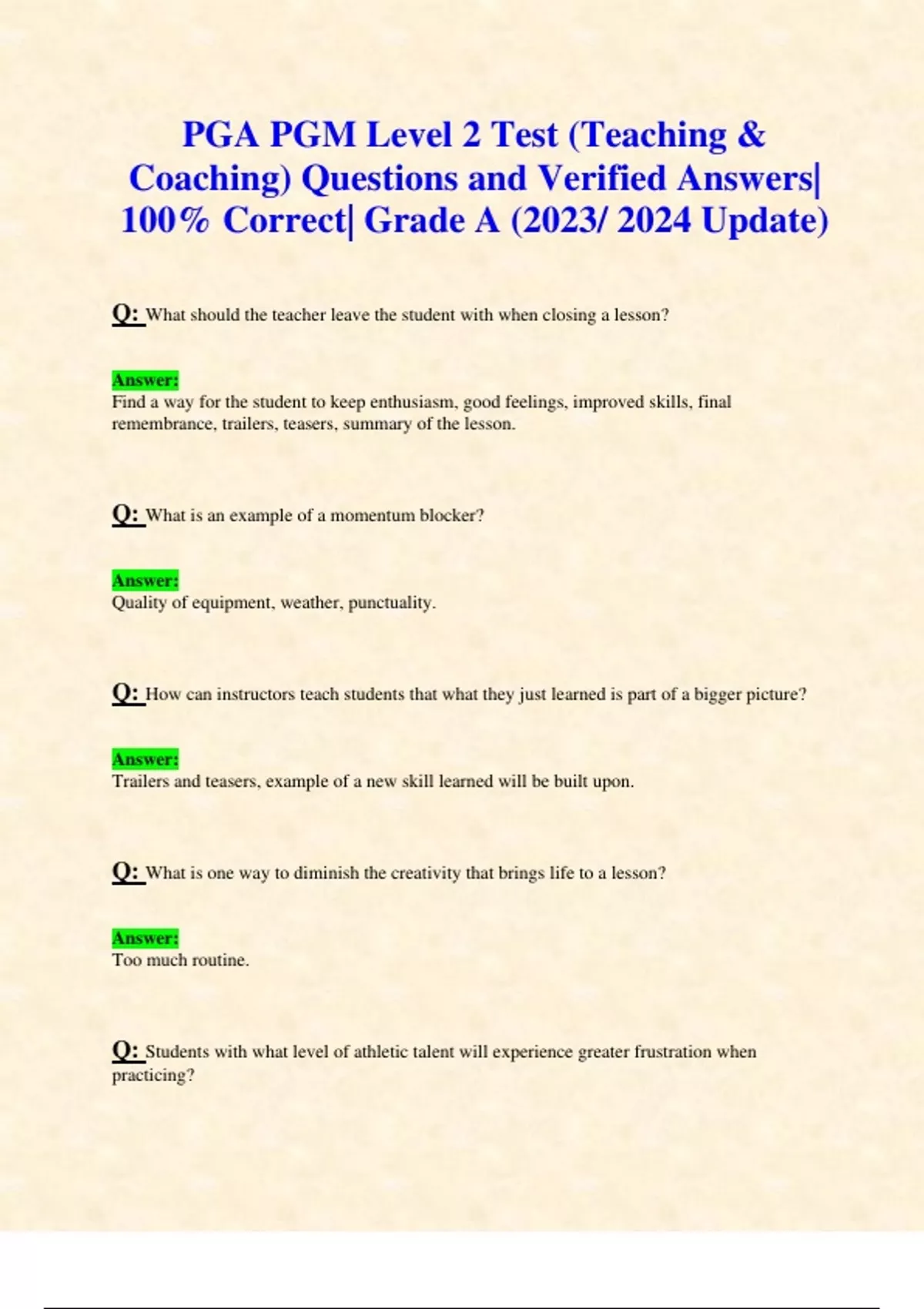 PGA PGM Level 2 Test (Teaching & Coaching) Questions and Verified ...