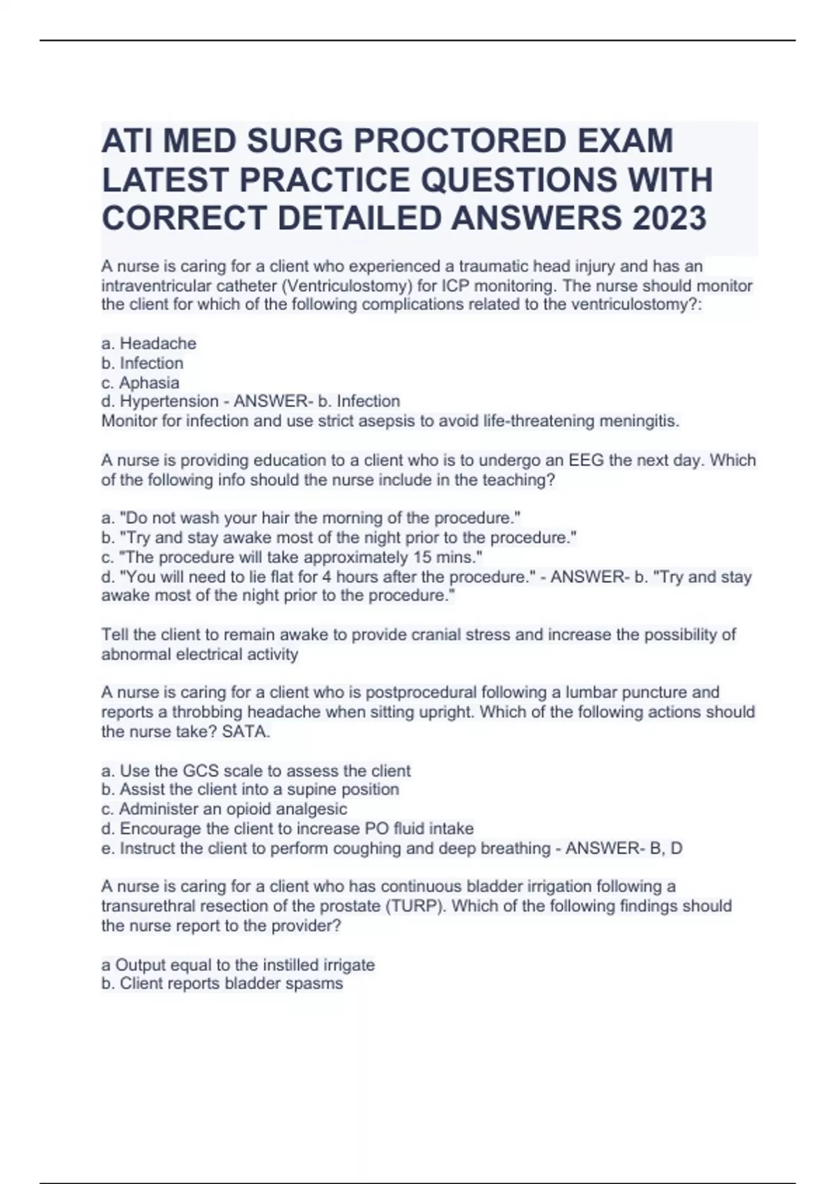 ATI MED SURG PROCTORED EXAM LATEST PRACTICE QUESTIONS WITH CORRECT ...