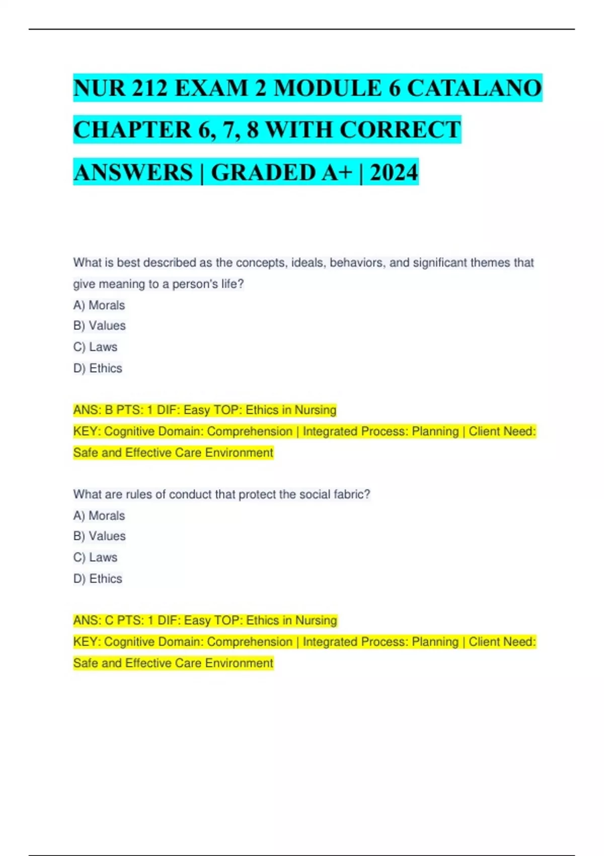 NUR 212 EXAM 2 MODULE 6 CATALANO CHAPTER 6, 7, 8 WITH CORRECT ANSWERS | GRADED A+ | 2024 - NUR ...