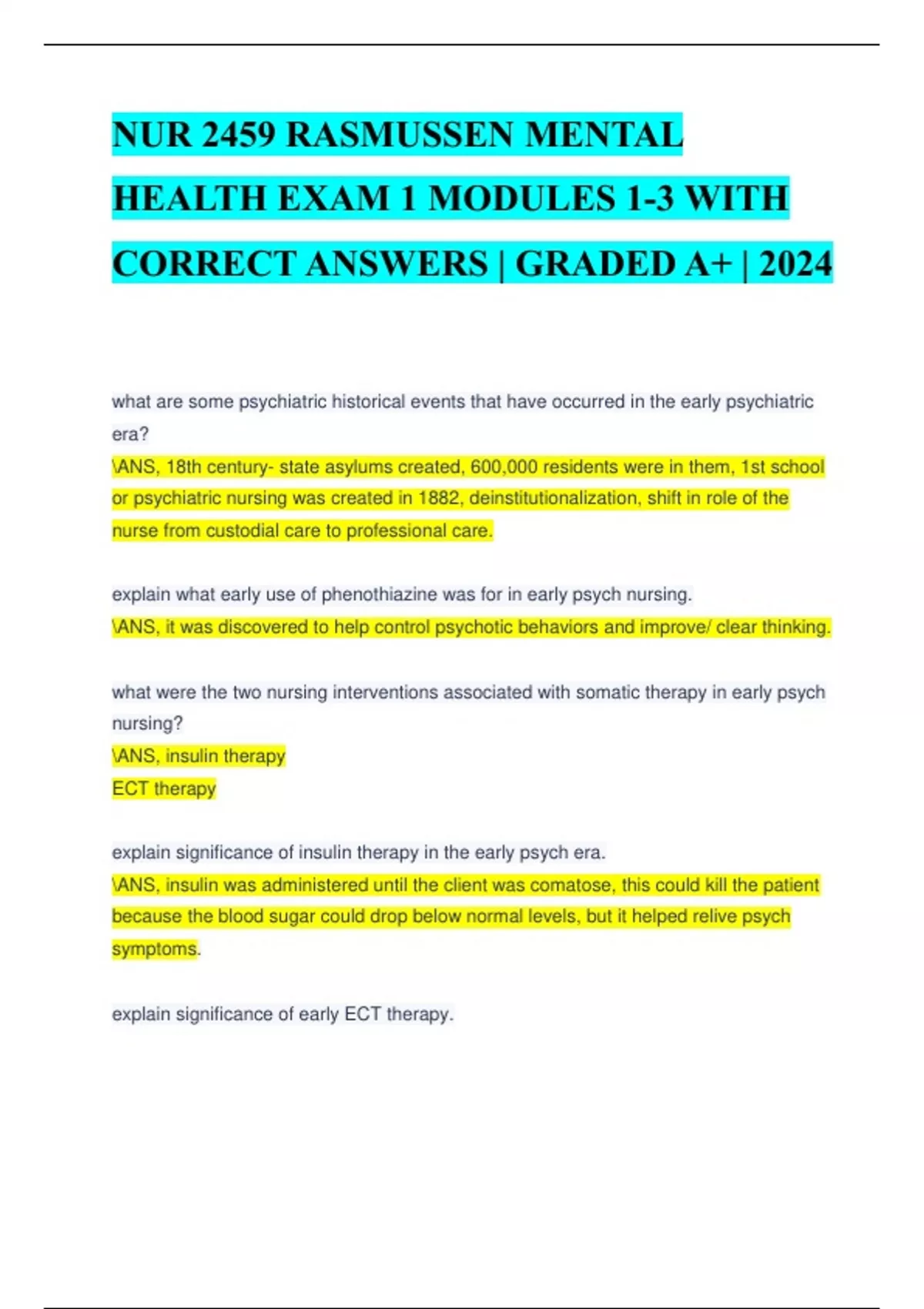 NUR 2459 RASMUSSEN MENTAL HEALTH EXAM 1 MODULES 1-3 WITH CORRECT ...