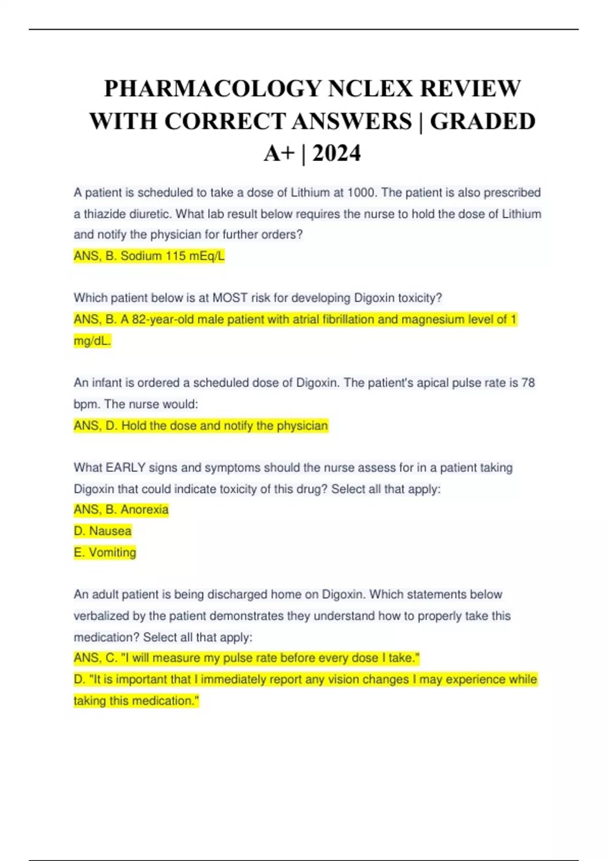 PHARMACOLOGY NCLEX REVIEW WITH CORRECT ANSWERS | GRADED A+ | 2024 ...