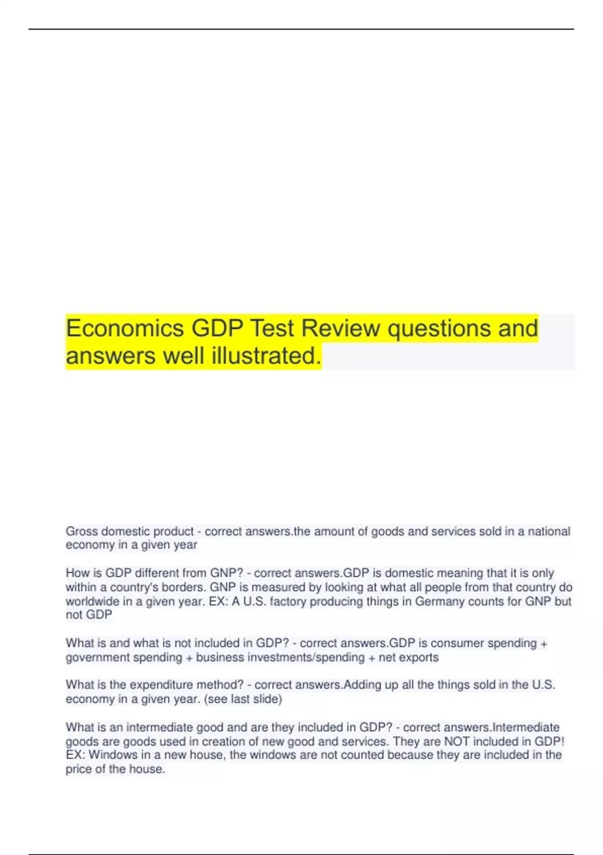 Economics GDP Test Review questions and answers well illustrated ...