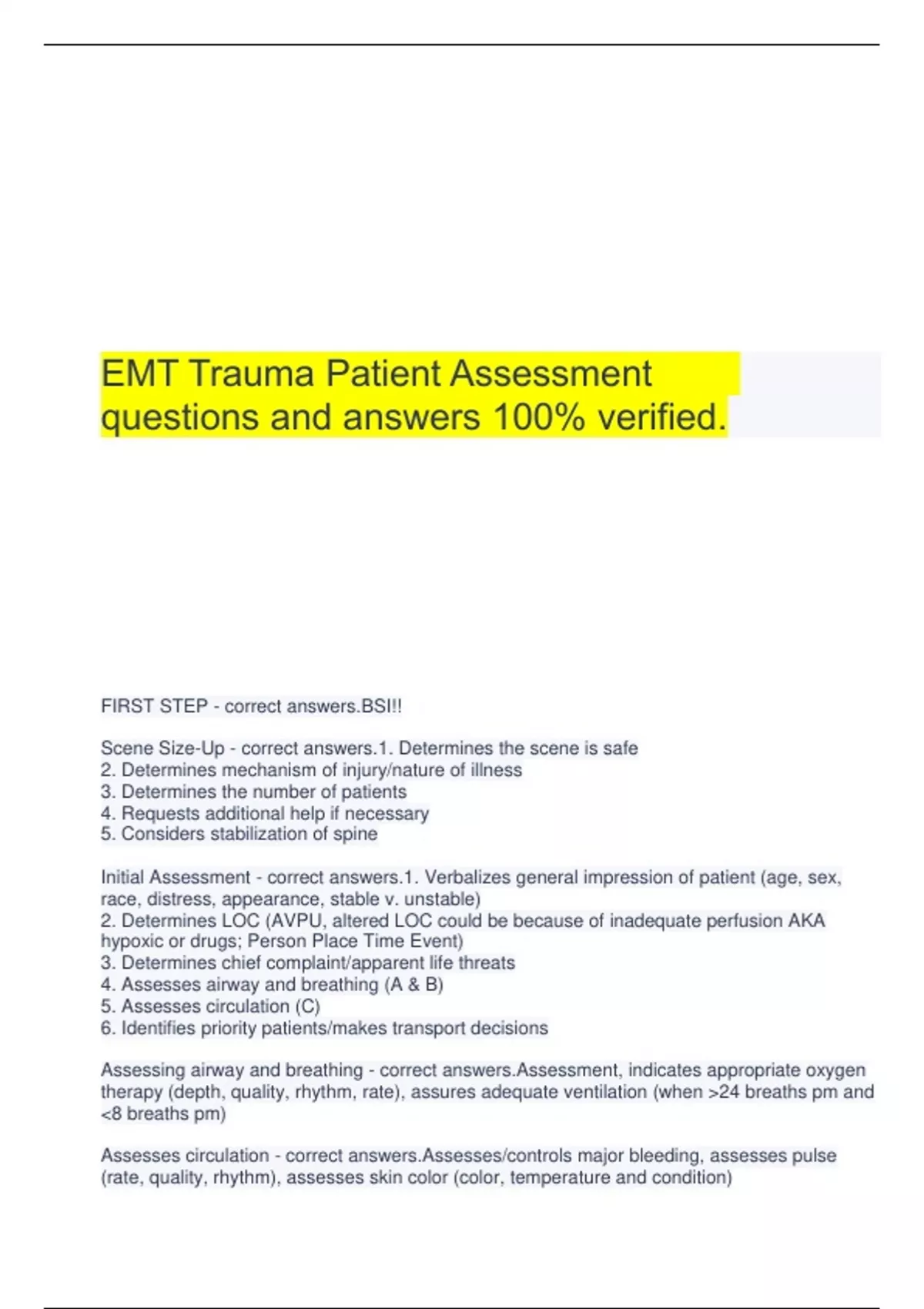 EMT Trauma Patient Assessment questions and answers 100% verified ...