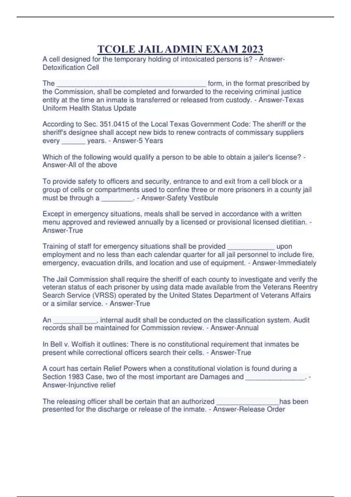 TCOLE JAIL ADMIN EXAM - TCOLE JAIL ADMIN - Stuvia US