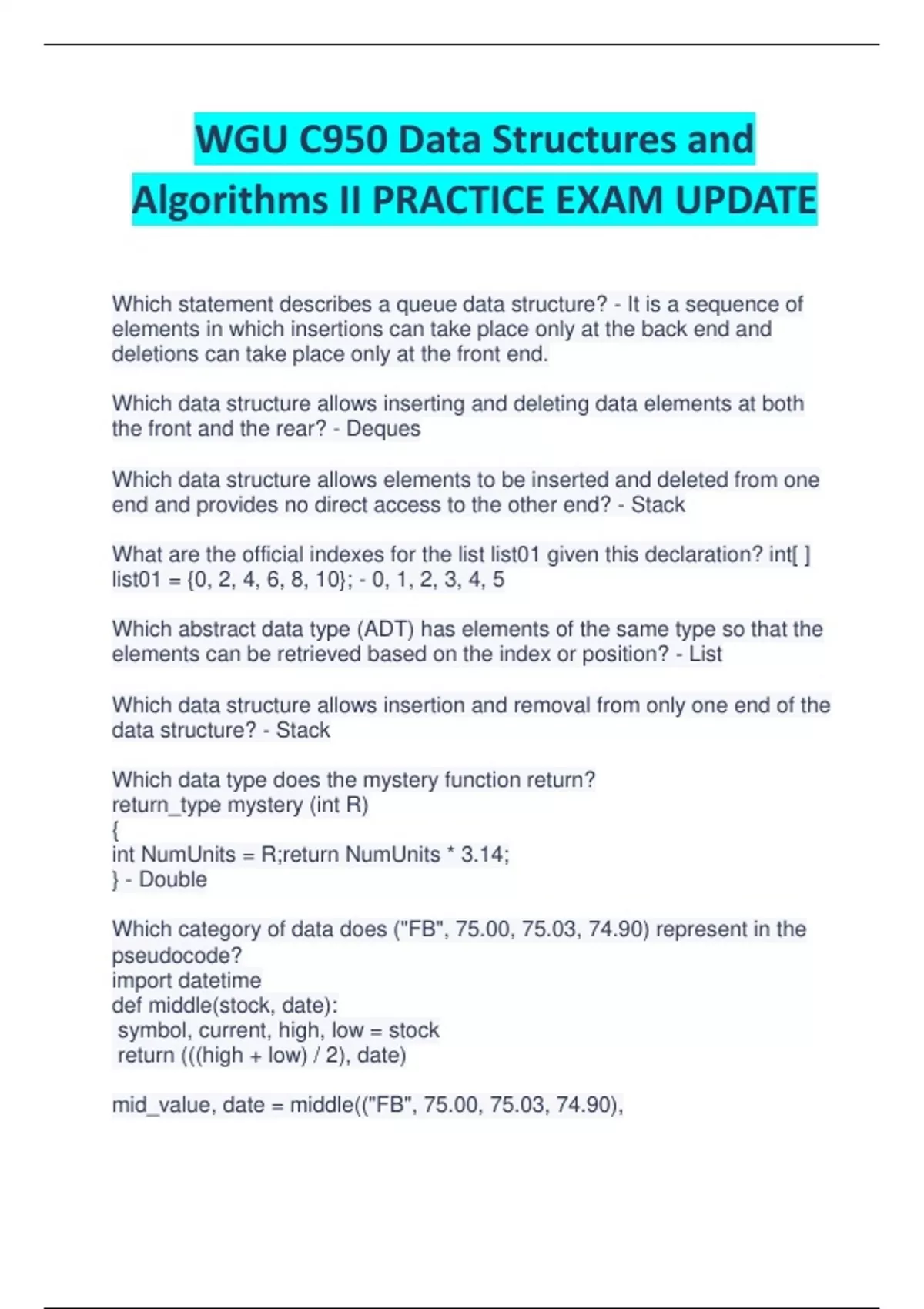 WGU C950 Data Structures and Algorithms II ALL IN ONE 2024 - Stuvia US