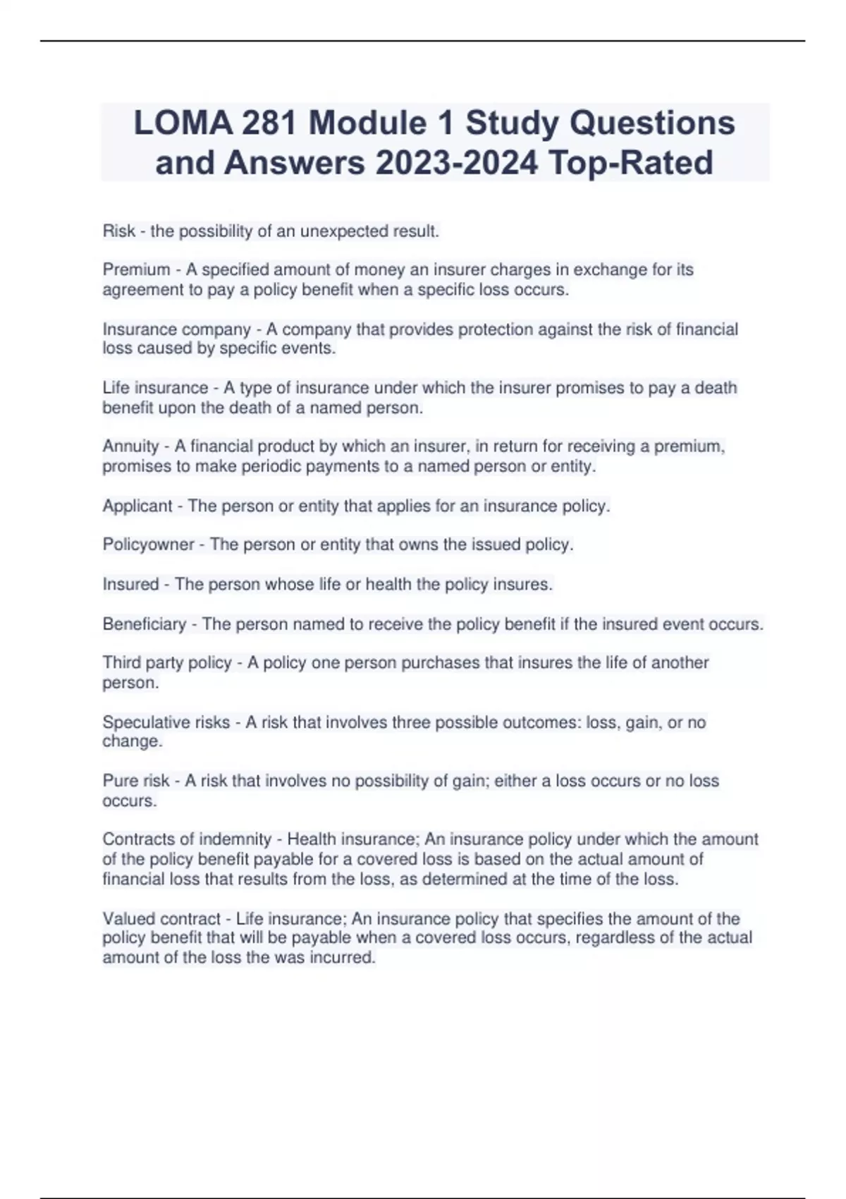 LOMA 281 Module 1 Study Questions and Answers Top-Rated - LOMA 281 ...