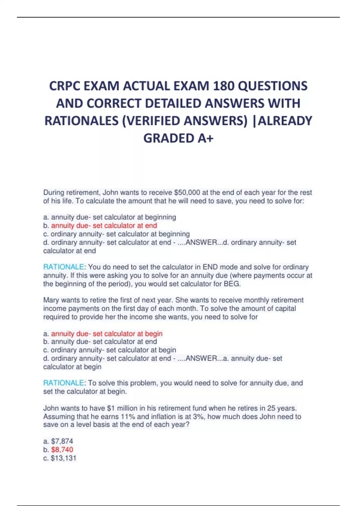 Crpc Exam Actual Exam 180 Questions And Correct Detailed Answers With Rationales Verified