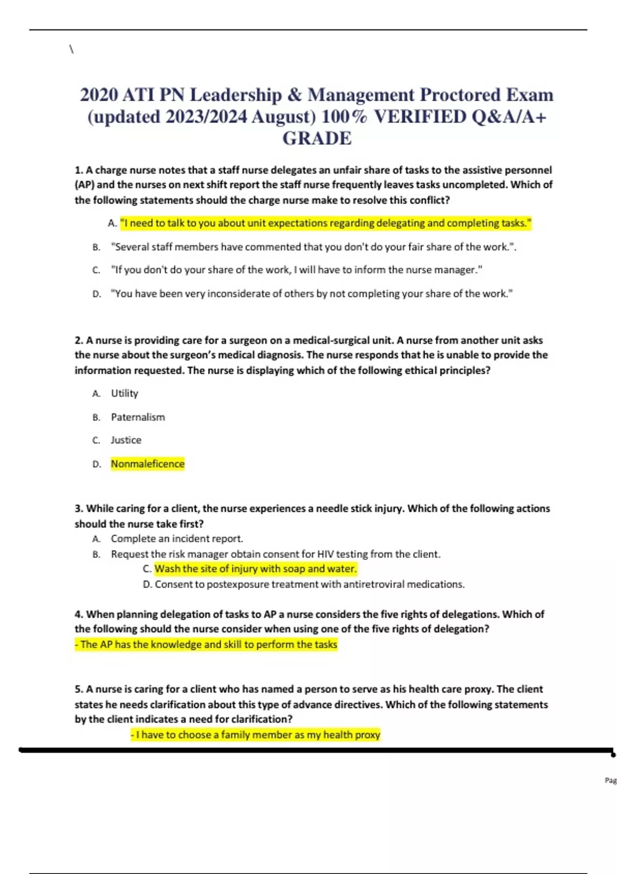 2020 ATI PN Leadership & Management Proctored Exam (updated 2023/2024 ...