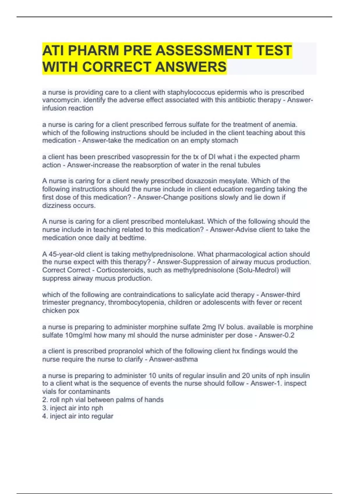 ATI PHARM PRE ASSESSMENT TEST QUESTIONS WITH CORRECT ANSWERS - ATI ...