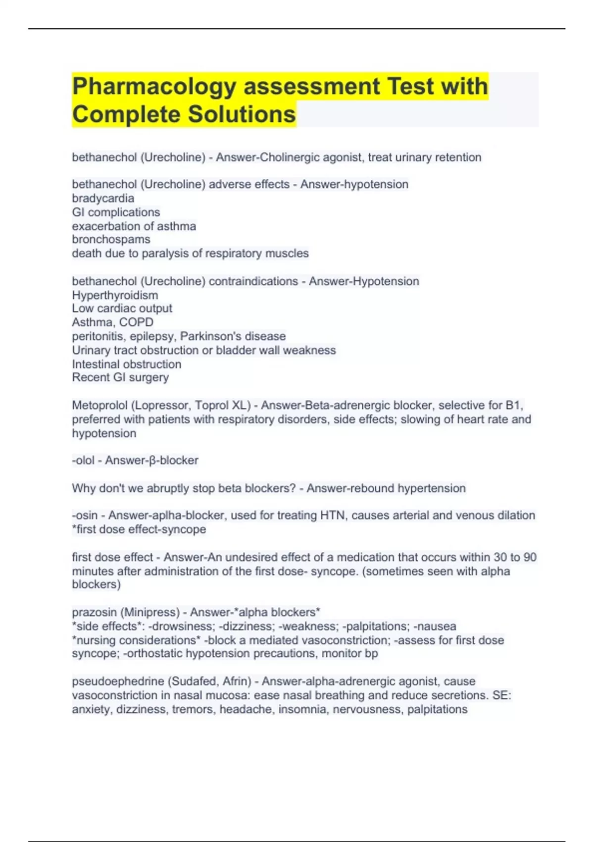 Pharmacology assessment Test Questions with Complete Solutions ...
