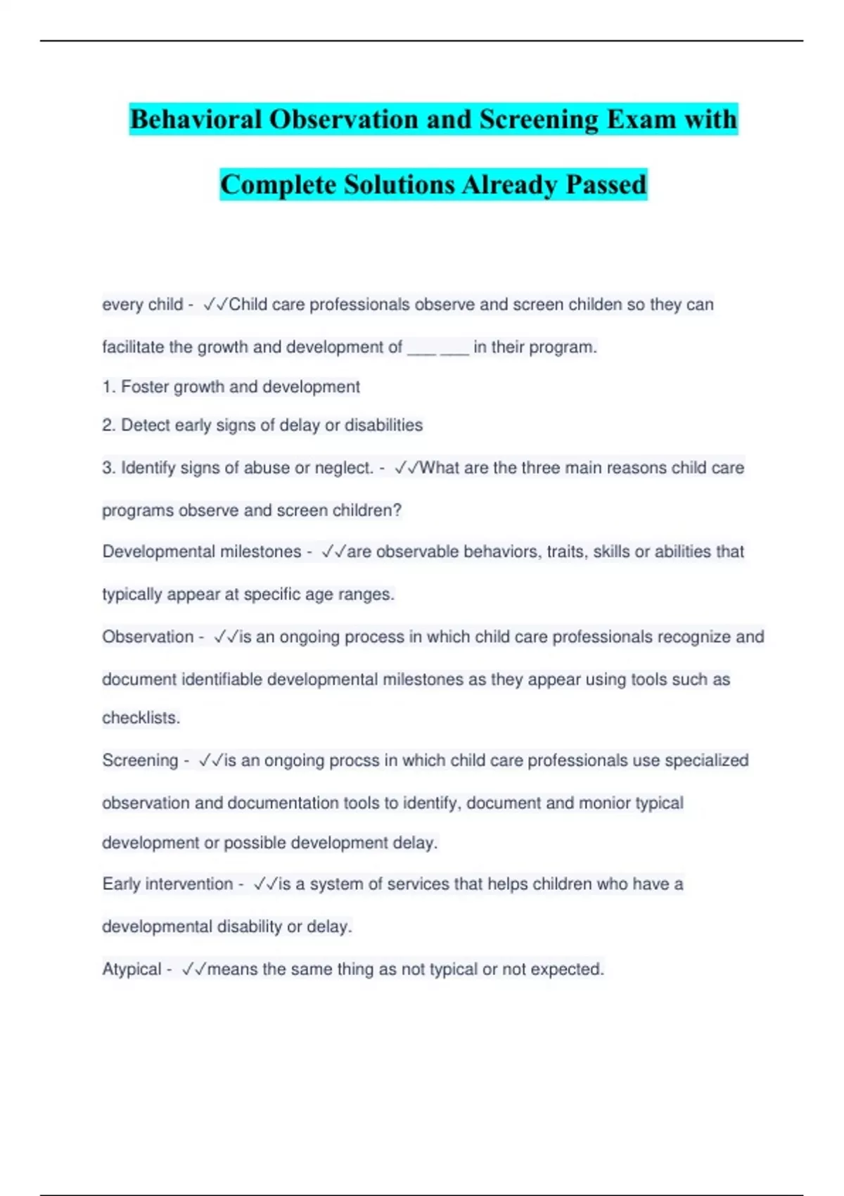 Behavioral Observation and Screening Exam with Complete Solutions ...