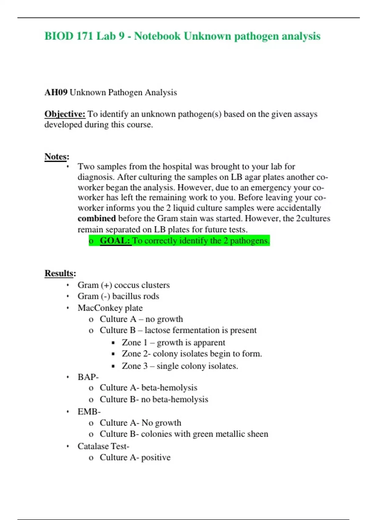 Biod 171 Lab 9 Notebook Unknown Pathogen Analysis Ah09 Unknown Pathogen Analysis Biod 171