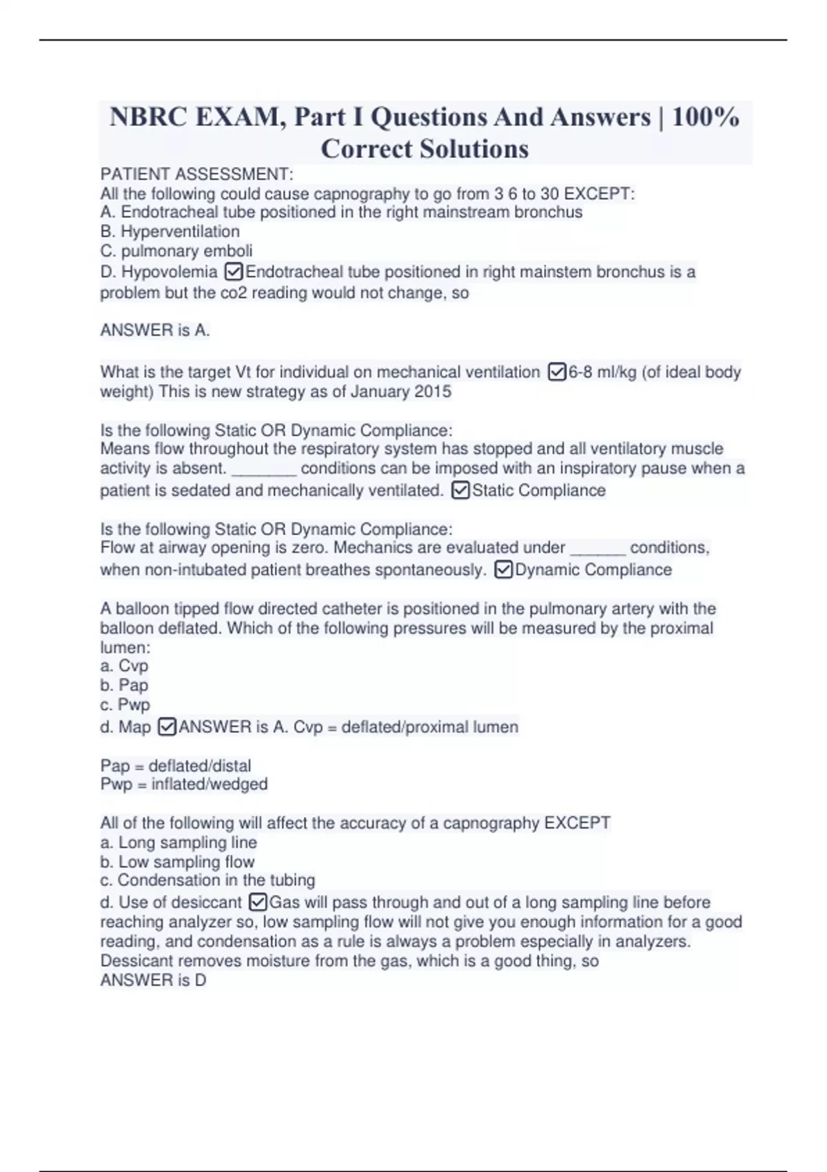 NBRC EXAM, Part I Questions And Answers | 100% Correct Solutions - NBRC ...