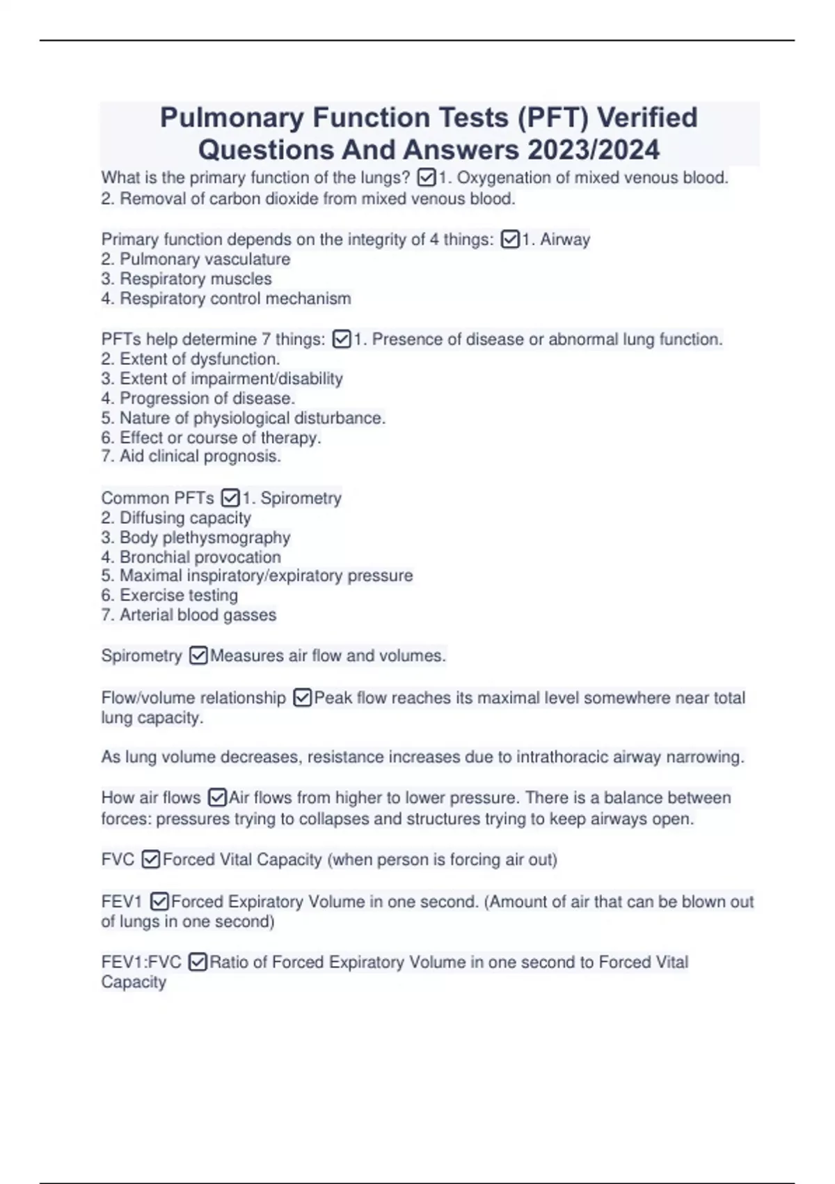 Pulmonary Function Tests (PFT) Verified Questions And Answers 2023/2024 ...