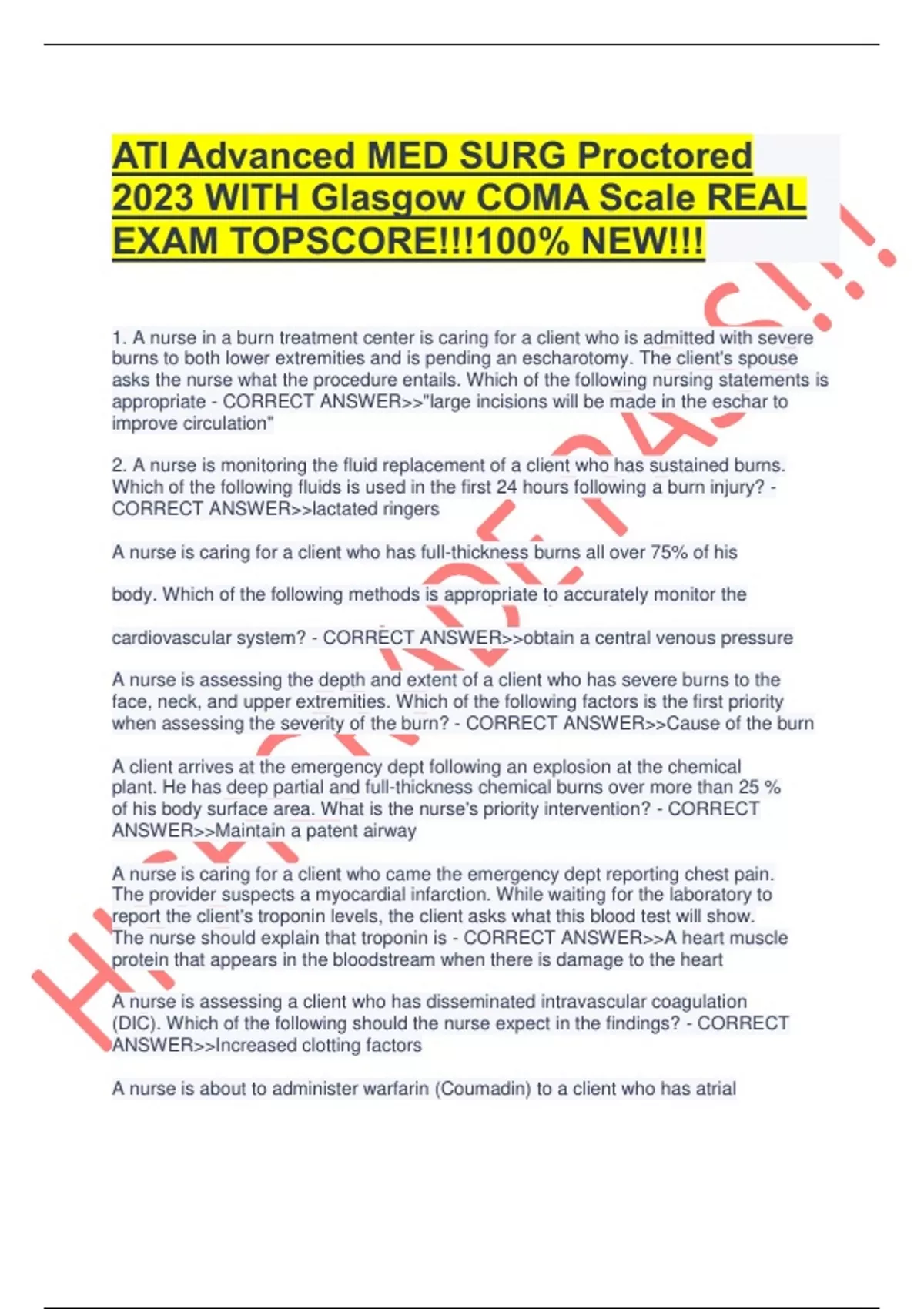ATI Advanced MED SURG Proctored 2023 WITH Glasgow COMA Scale REAL EXAM ...