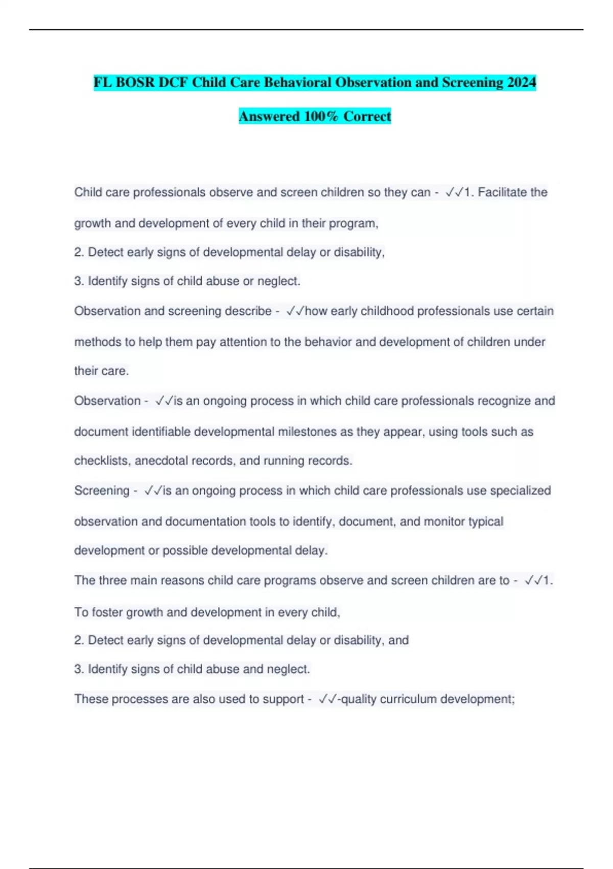 FL BOSR DCF Child Care Behavioral Observation and Screening 2024 Answered 100% Correct - FL BOSR ...