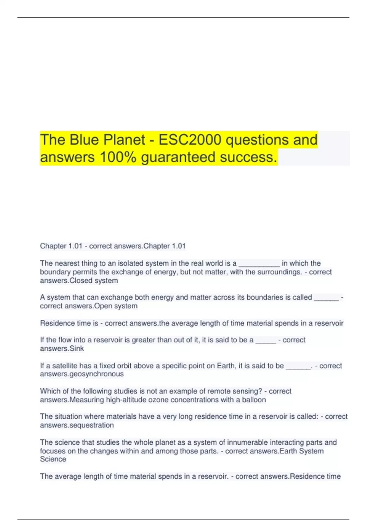The Blue Planet - ESC2000 questions and answers 100% guaranteed success ...