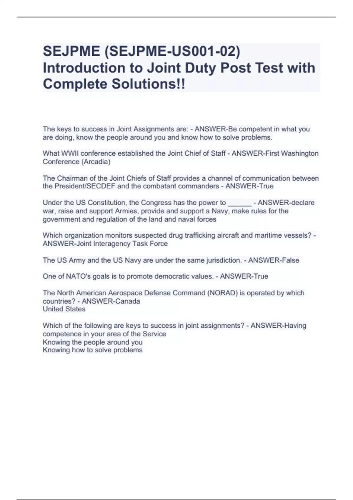 SEJPME (SEJPME-US001-02) Introduction to Joint Duty Post Test with ...