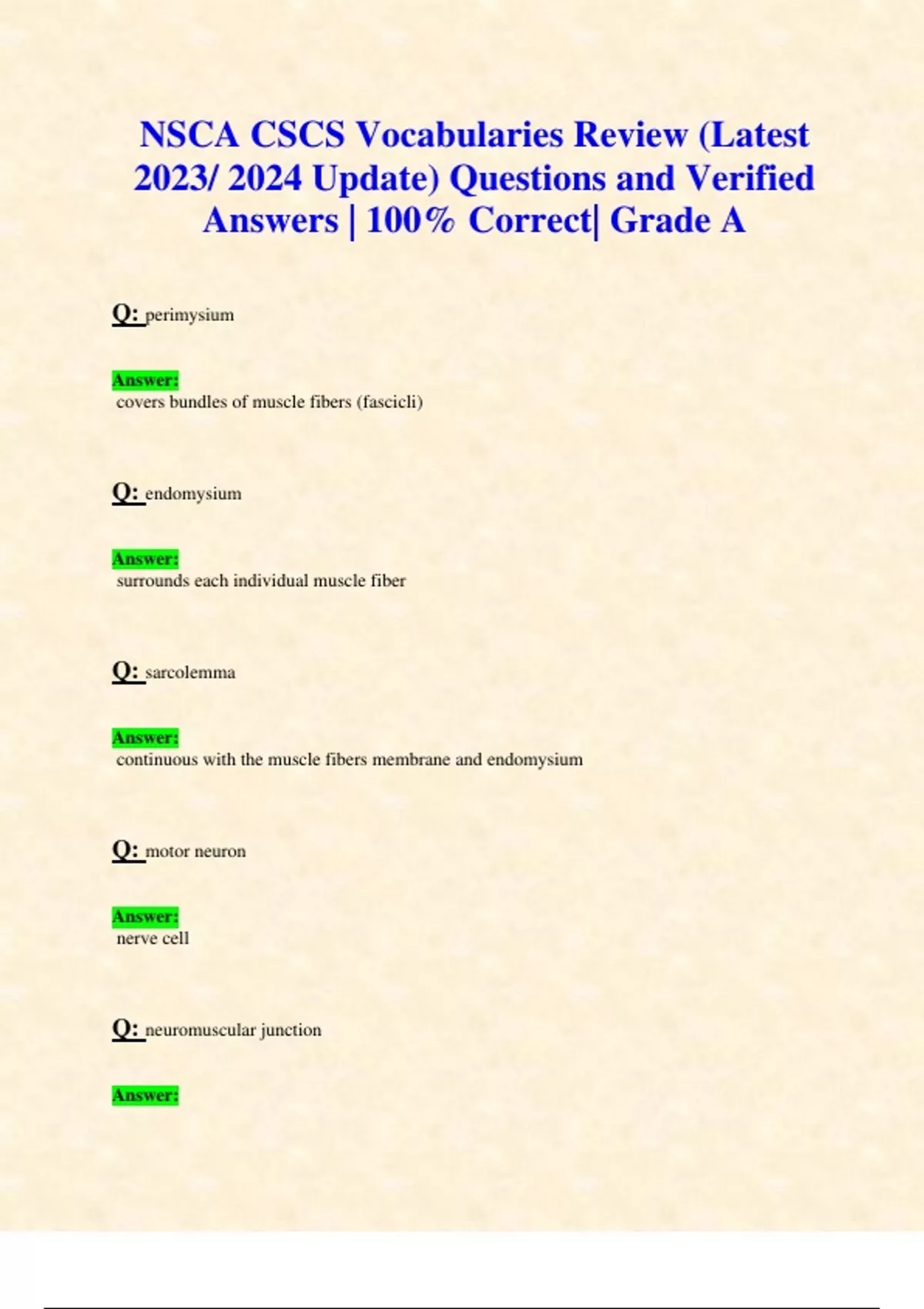 NSCA CSCS Vocabularies Review (Latest 2023/ 2024 Update) Questions and ...