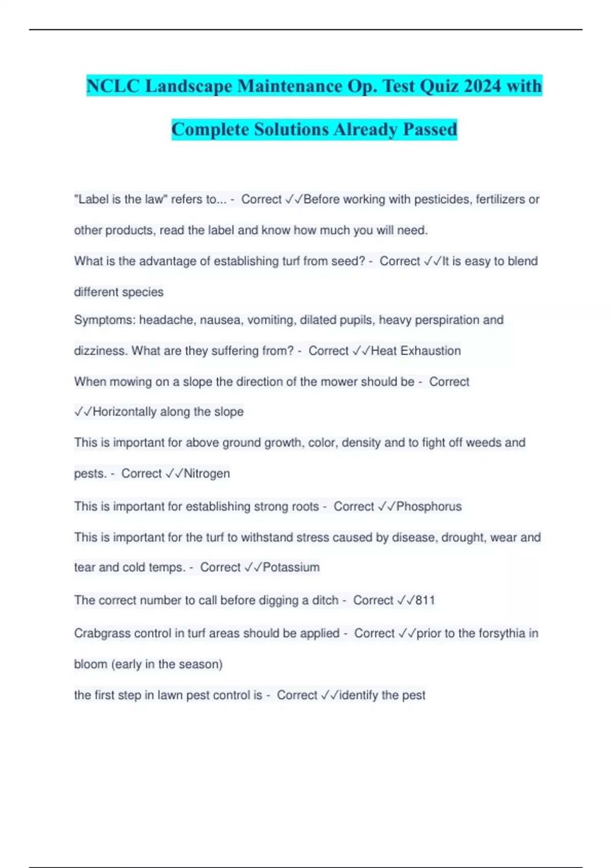 NCLC Landscape Maintenance Op. Test Quiz 2024 with Complete Solutions ...