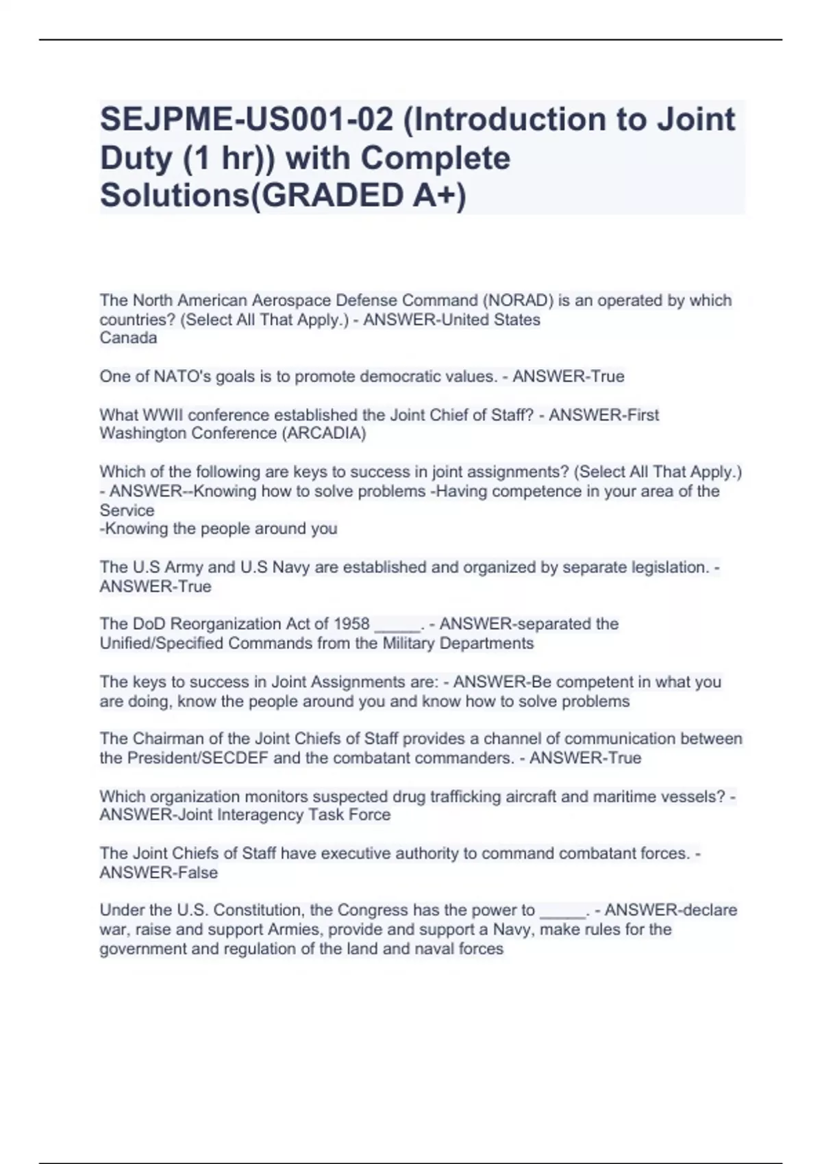 SEJPME-US001-02 (Introduction to Joint Duty (1 hr)) with Complete ...