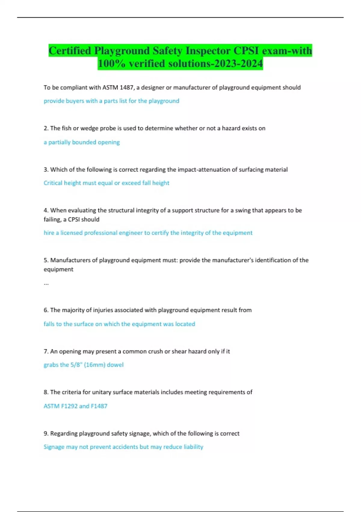 Certified Playground Safety Inspector CPSI exam-with 100% verified ...