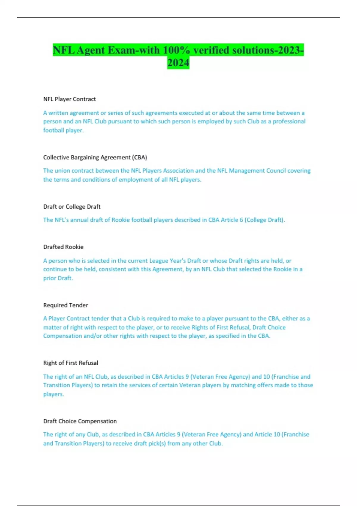 NFL Agent Exam-with 100% verified solutions- - Nfl agent - Stuvia US