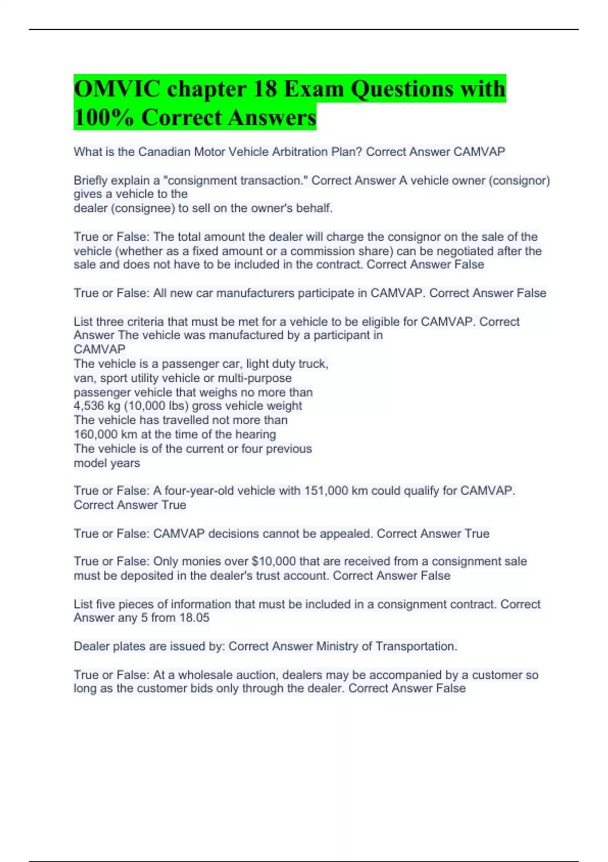 OMVIC chapter 18 Exam Questions with 100% Correct Answers - OMVIC ...