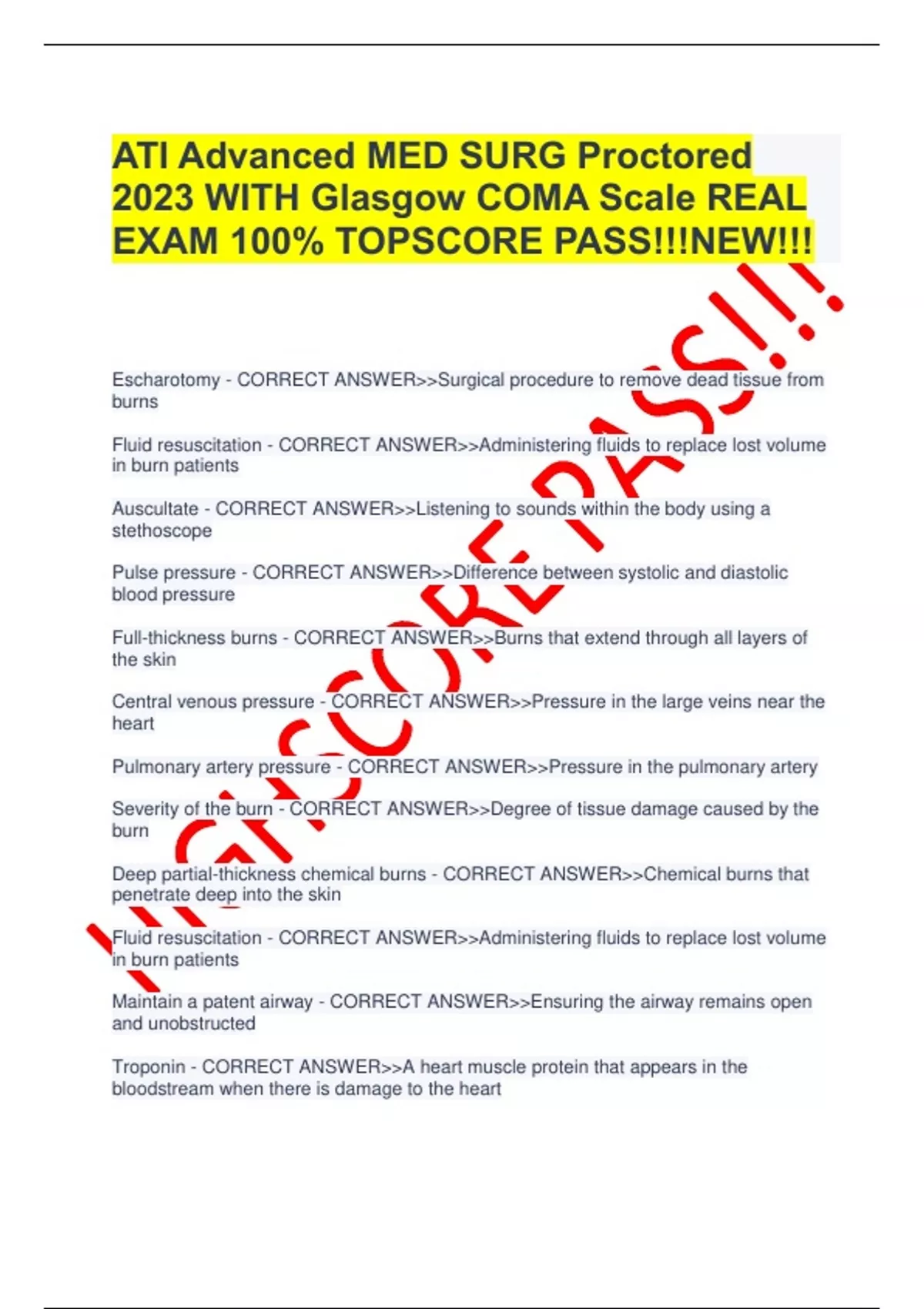 ATI Advanced MED SURG Proctored 2023 WITH Glasgow COMA Scale REAL EXAM ...