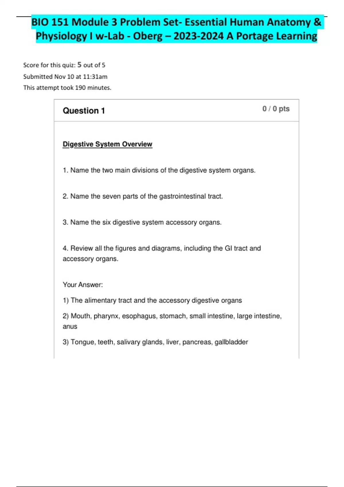 BIO 151 Module 3 Problem Set- Essential Human Anatomy & Physiology I w-Lab - Oberg – A Portage ...