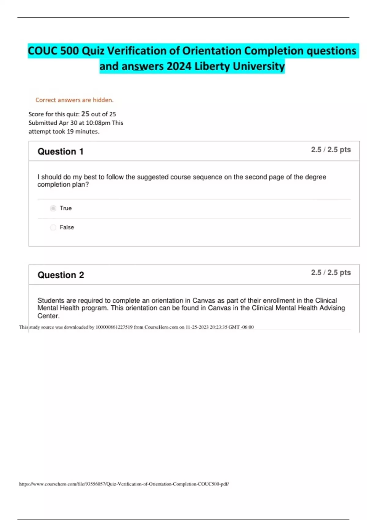 COUC 500 Quiz Verification of Orientation Completion questions and ...
