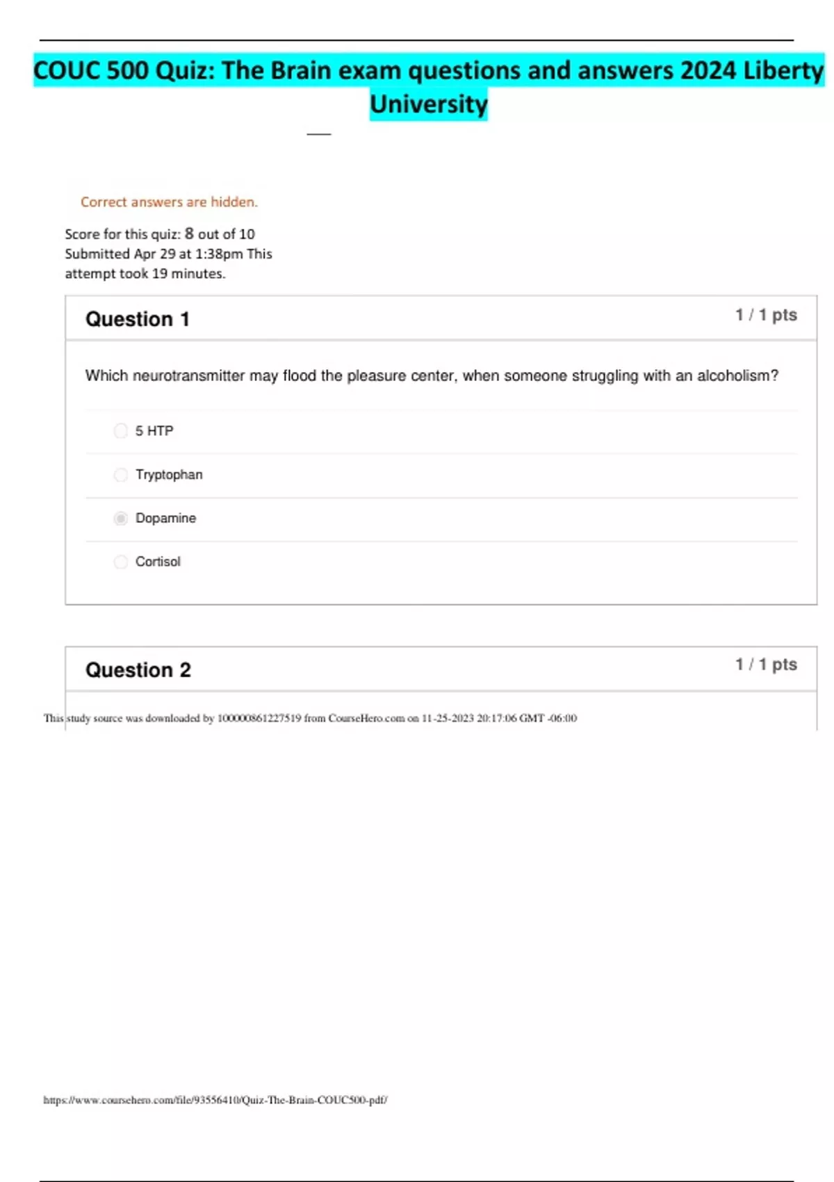 COUC 500 Quiz The Brain exam questions and answers 2024 Liberty ...