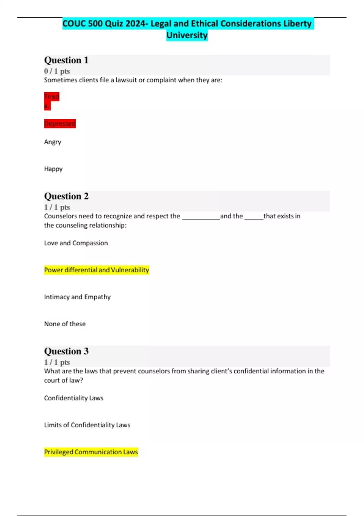 COUC 500 Quiz 2024- Legal and Ethical Considerations Liberty University ...