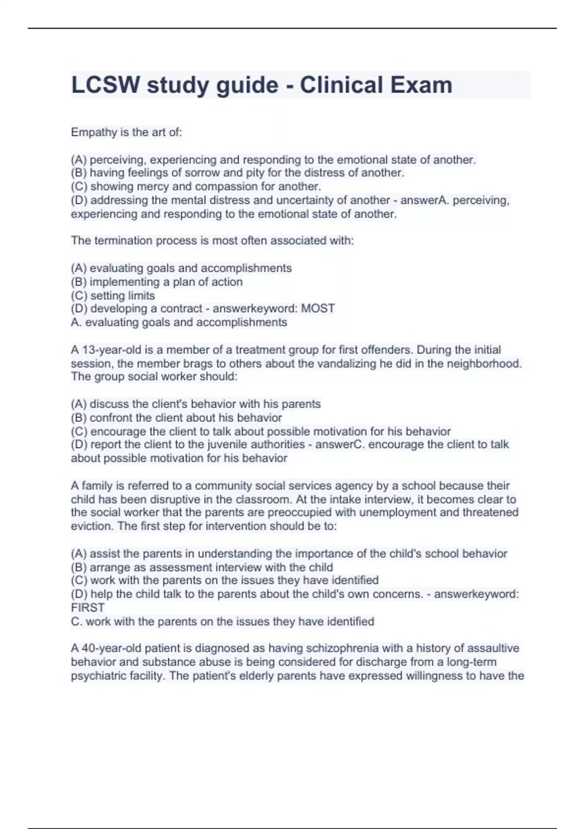 LCSW Study Guide Clinical Exam Questions And Answers LCSW Stuvia US