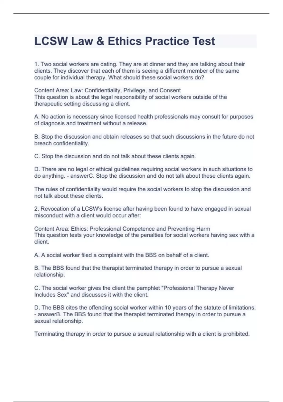 LCSW Law Ethics Practice Test Questions With Solutions LCSW Stuvia US