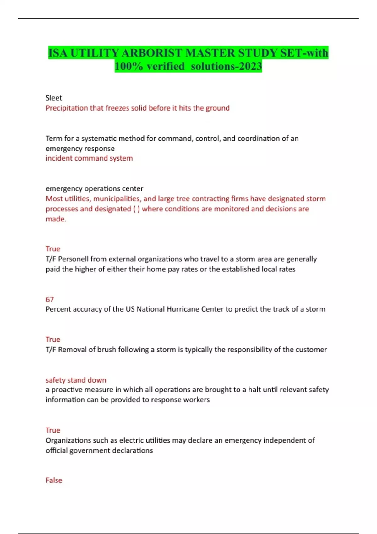ISA UTILITY ARBORIST MASTER STUDY SET-with 100% verified solutions-2023 ...