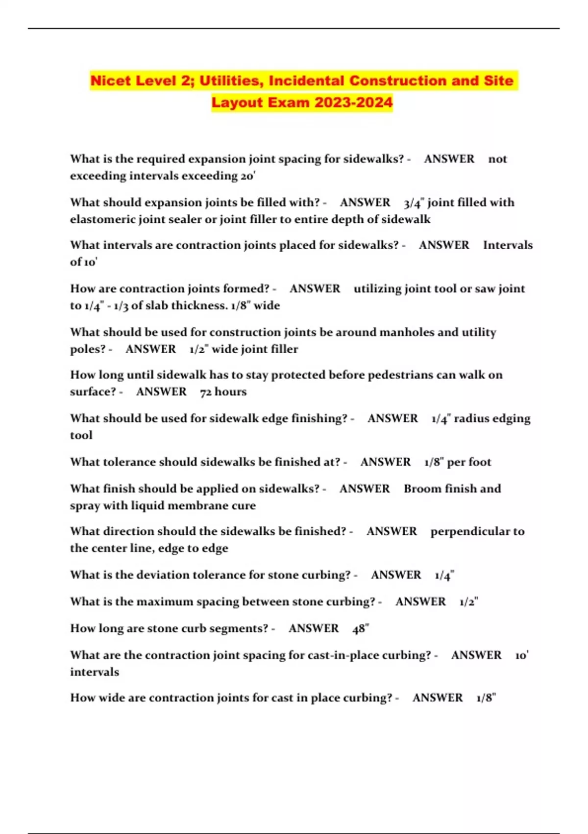 Nicet Level 2; Utilities, Incidental Construction and Site Layout Exam ...