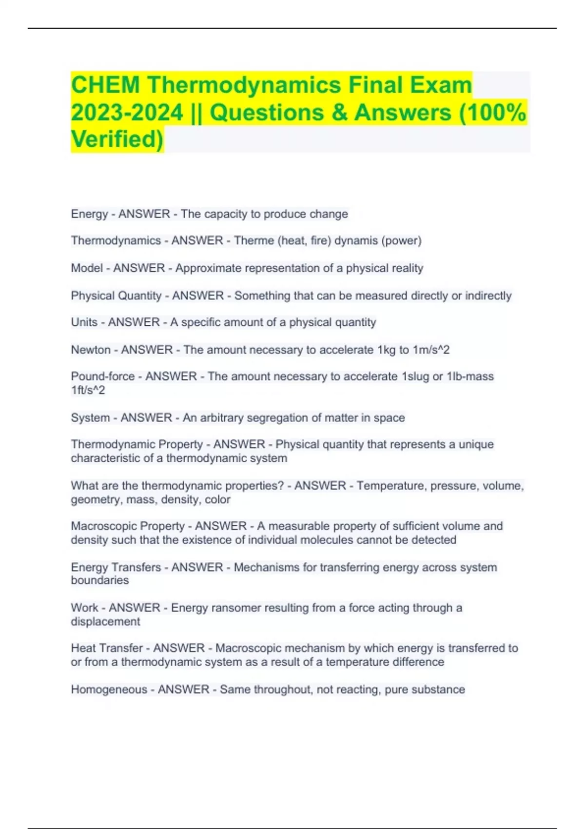 CHEM Thermodynamics Final Exam || Questions & Answers (100% Verified ...