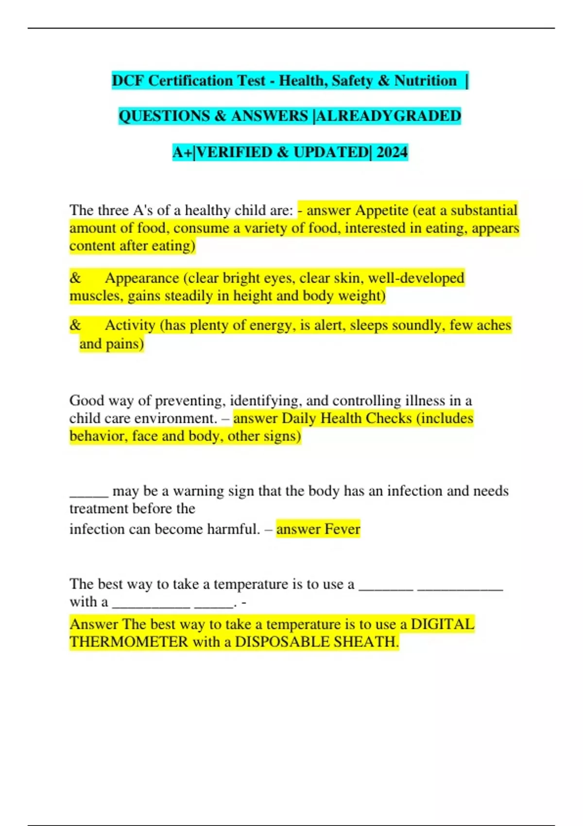 DCF Certification Test - Health, Safety & Nutrition | QUESTIONS ...