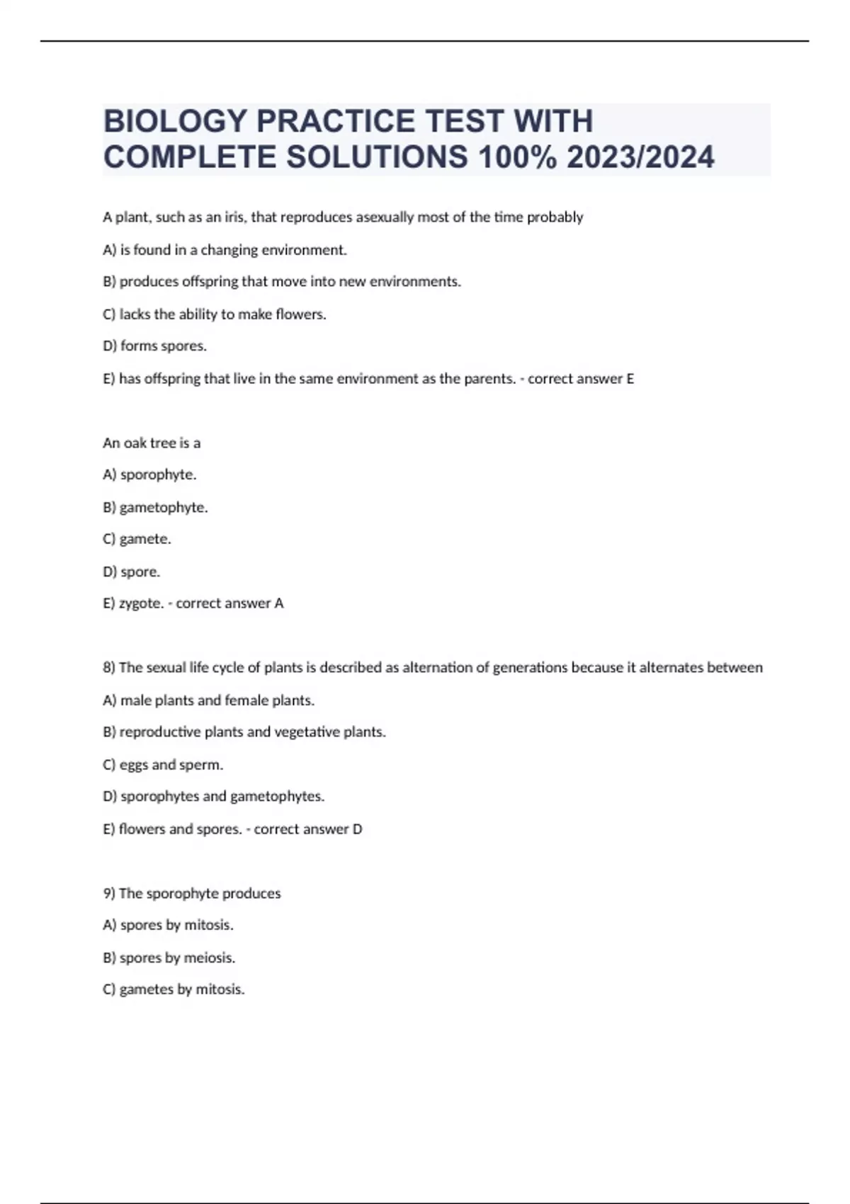 BIOLOGY PRACTICE TEST WITH COMPLETE SOLUTIONS 100% 2023/2024 - Biology ...