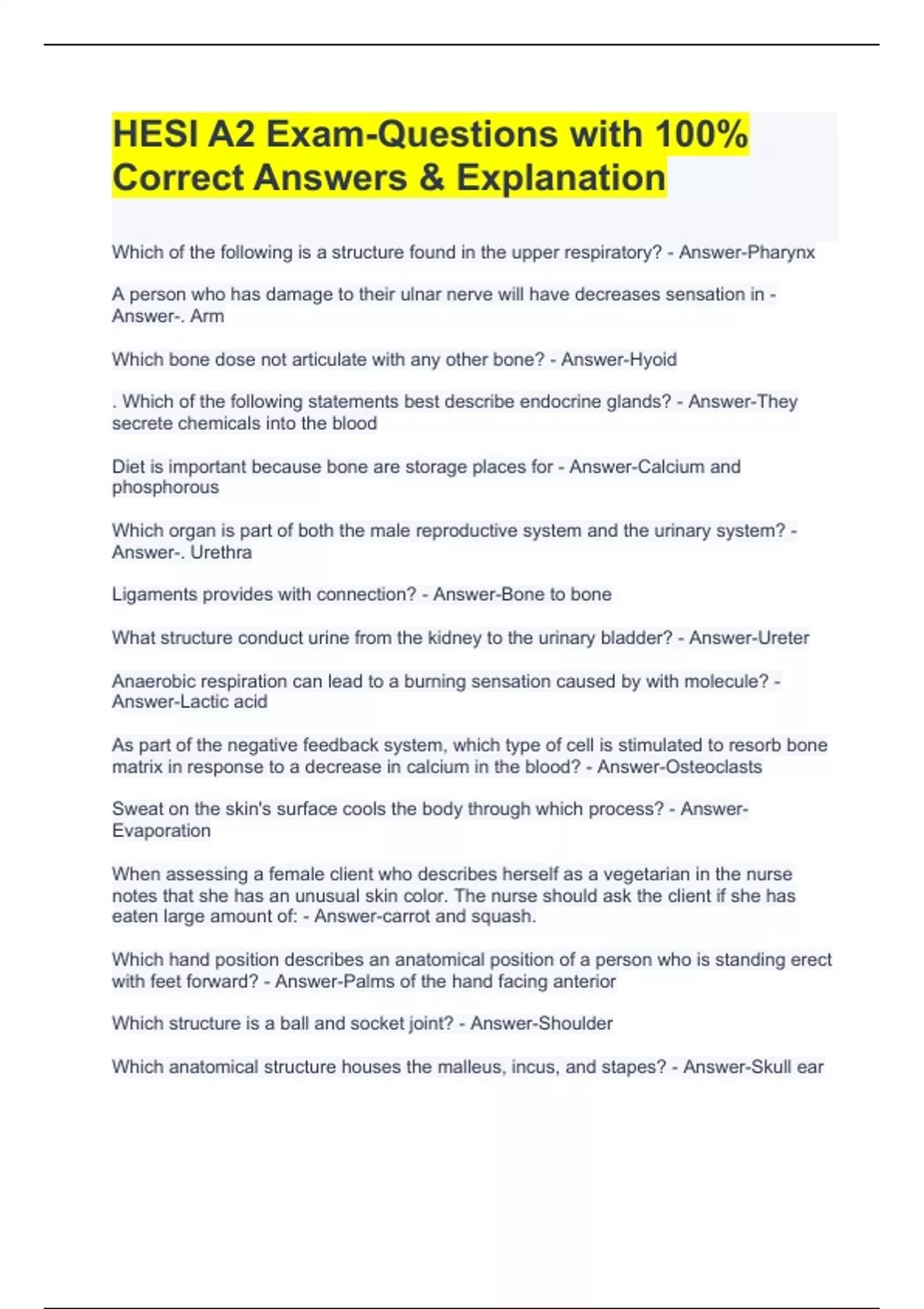 HESI A2 Exam-Questions with 100% Correct Answers & Explanation - HESI ...