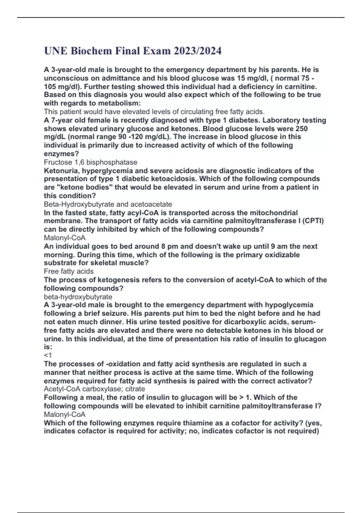 UNE Biochem Final Exam 2023/2024 - UNE Medical Biochemistry - Stuvia US