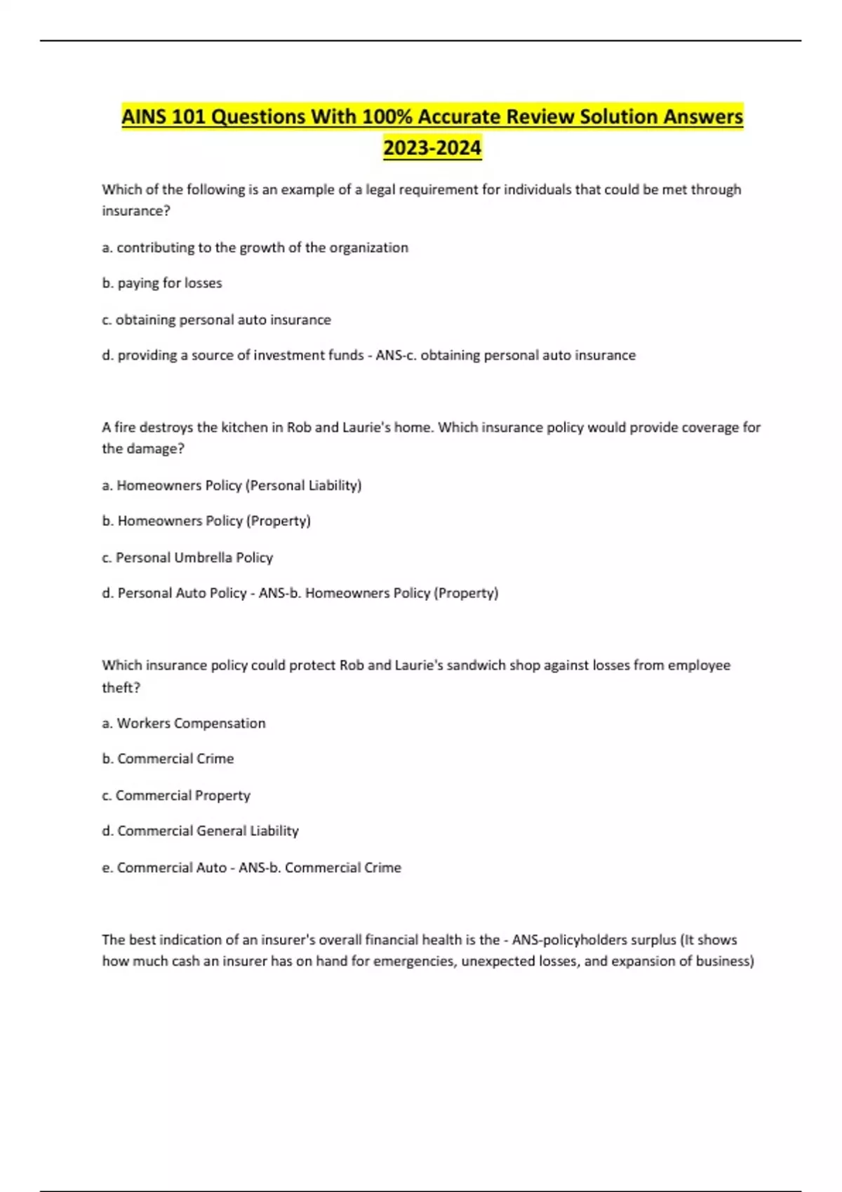 AINS 101 Questions With 100% Accurate Review Solution Answers - AINS ...