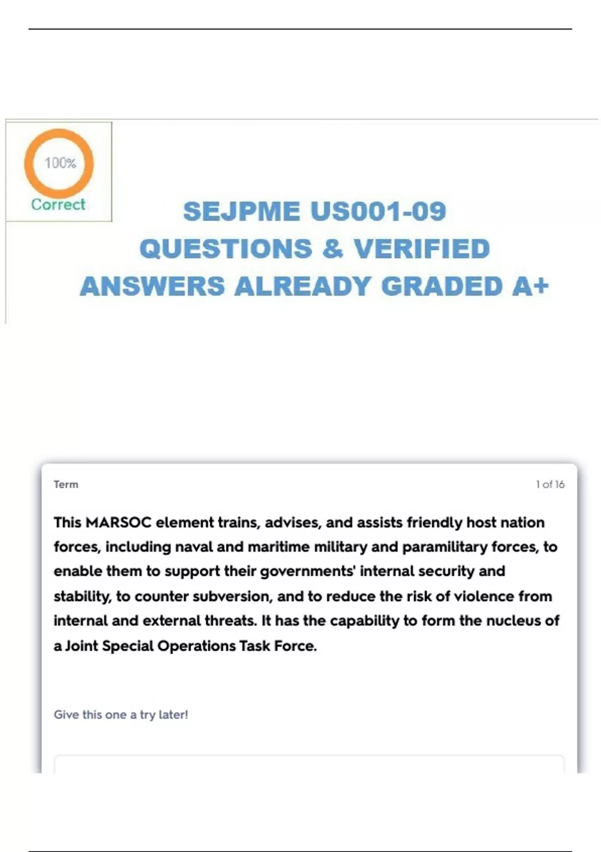 SENIOR ENLISTED JOINT PROFESSIONAL MILITARY EDUCATION (SEJPME) US001-09 ...