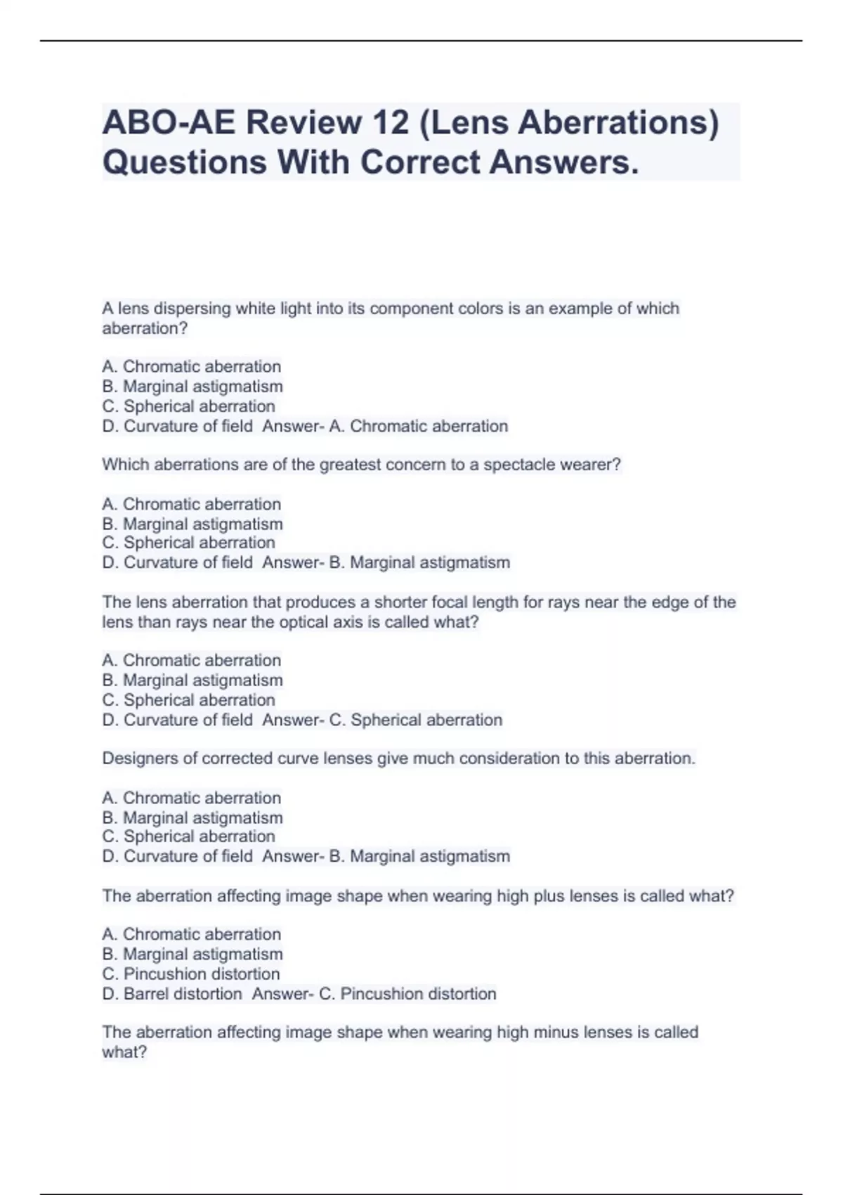ABO-AE Review 12 (Lens Aberrations) Questions With Correct Answers ...