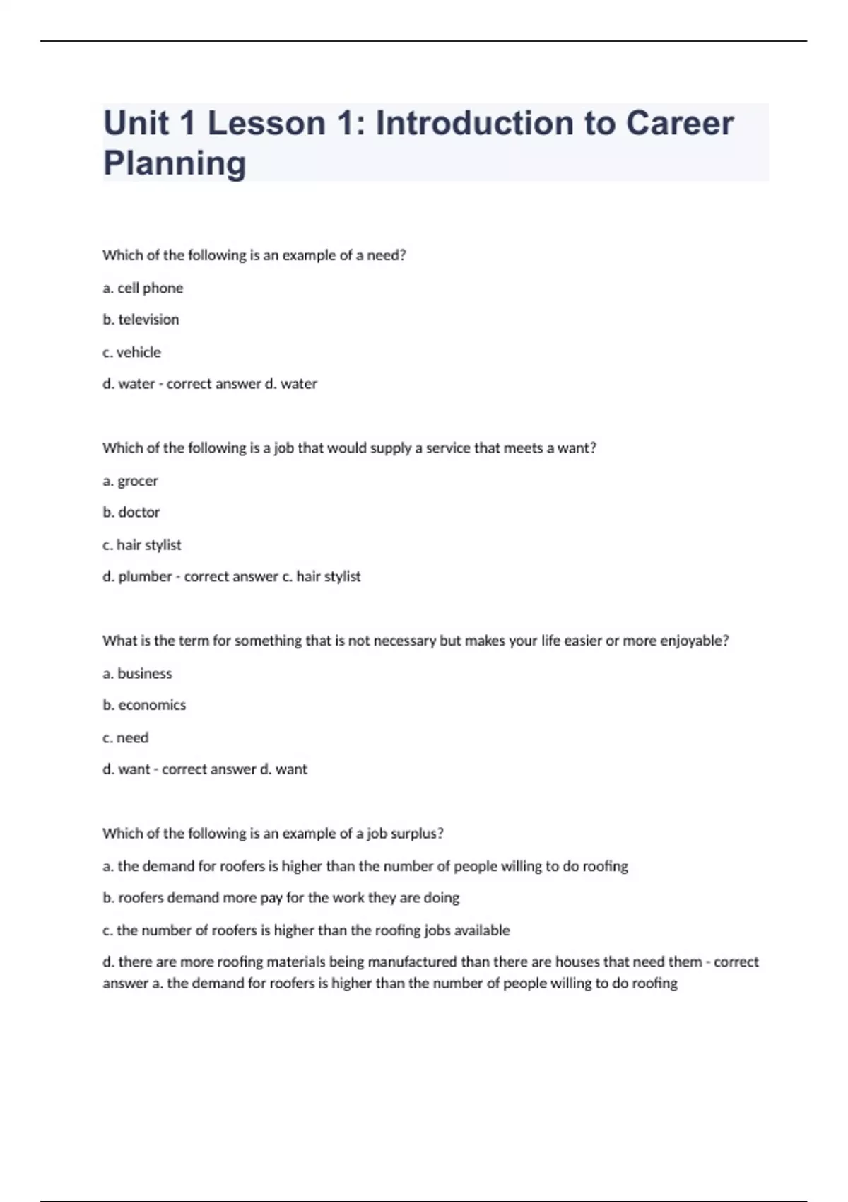 Unit 1 Lesson 1 Introduction to Career Planning fully solved verified ...