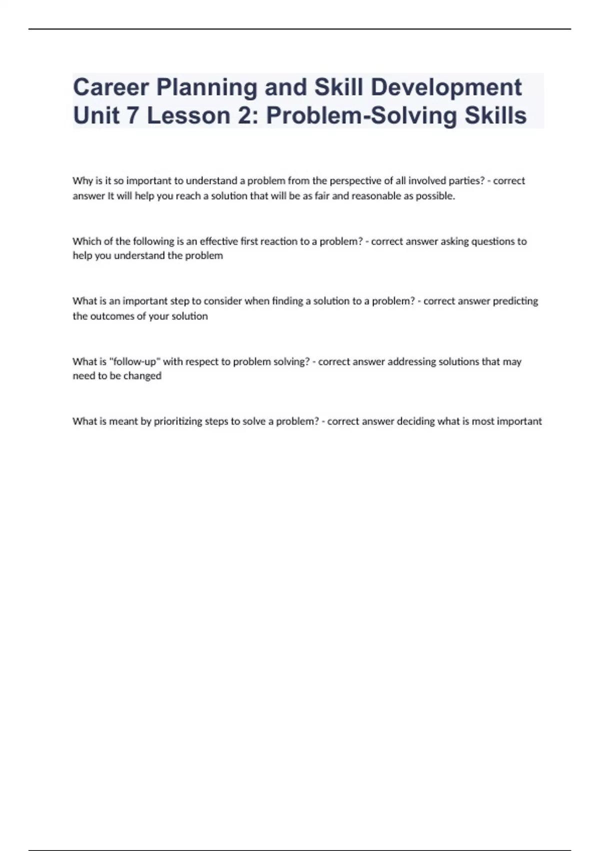 Career Planning and Skill Development Unit 7 Lesson 2 Problem-Solving ...